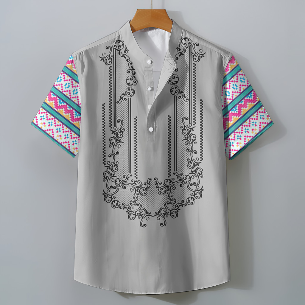 Philippine Modern Barong Style Men's Chinese Stand Collar Button Short ...