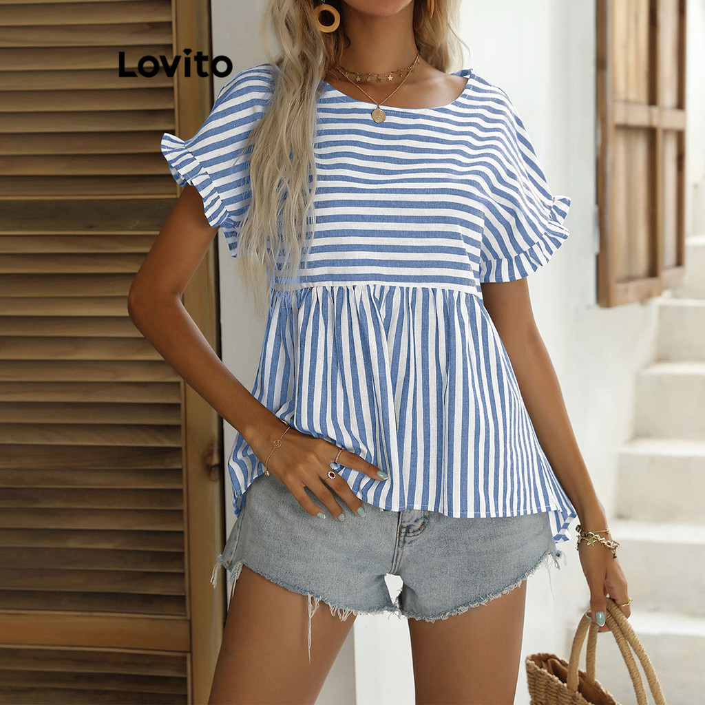 Lovito Women Boho Striped Colorblock Ruffle Stripe Blouse LNL35055 ...