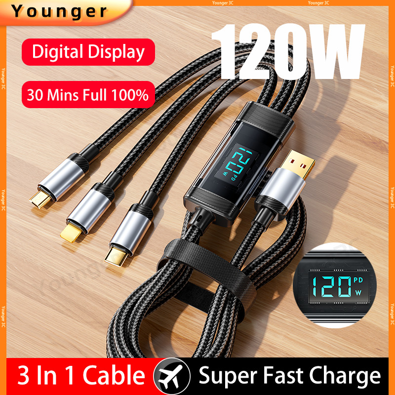 120W Intelligent Digital Display Charging Cable For ios15 Type c Micro ...