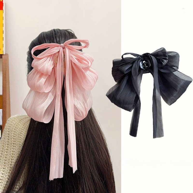 2025 Oversized Fabric Satin Bow Layered Bow Streamer Gripping Clip ...