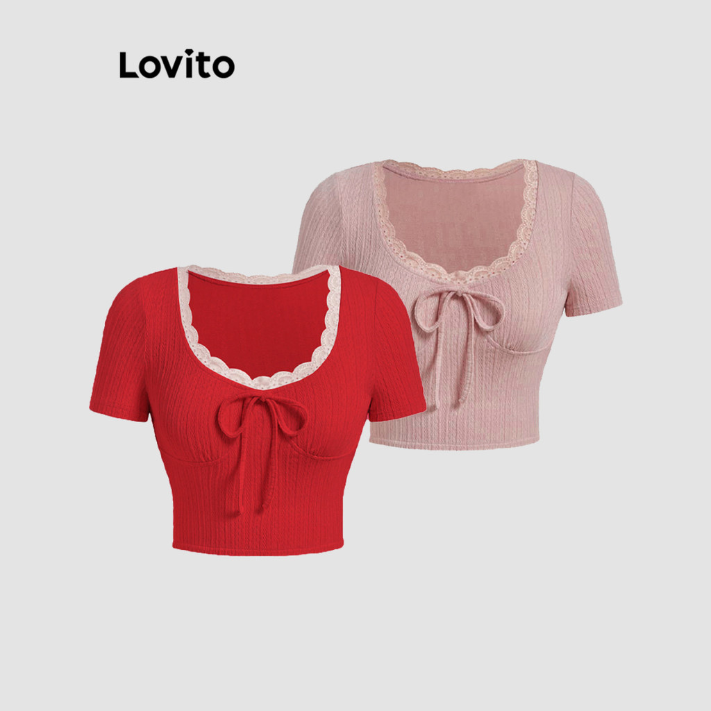 Lovito Women Cute Plain Lace Up Ruffle Neck Textured Fabric T Shirt