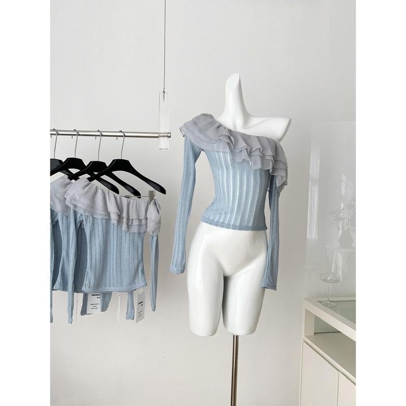 Women's Spring Temperament Ruffle Blue Slant Shoulder Long Sleeve Knit ...