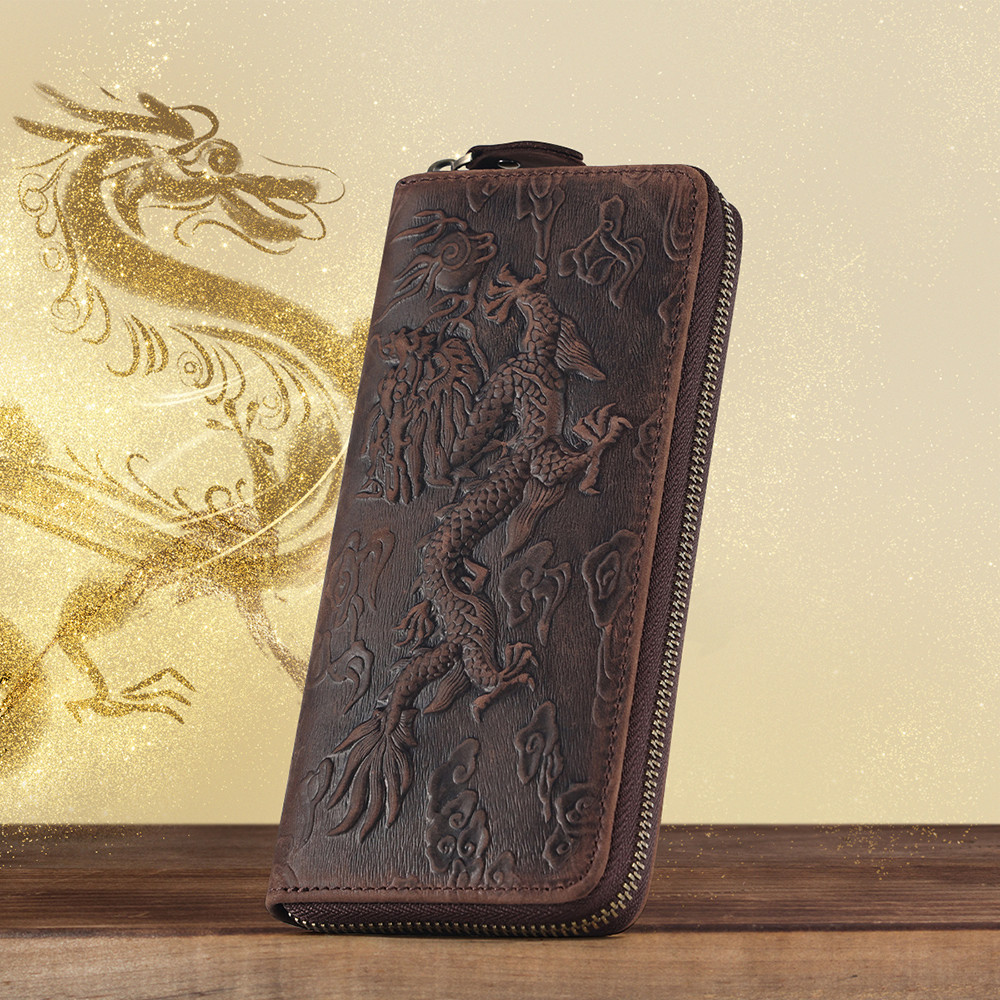 Genuine Leather Men Wallets 3D Dragon Pattern Retro Card Holder Long ...