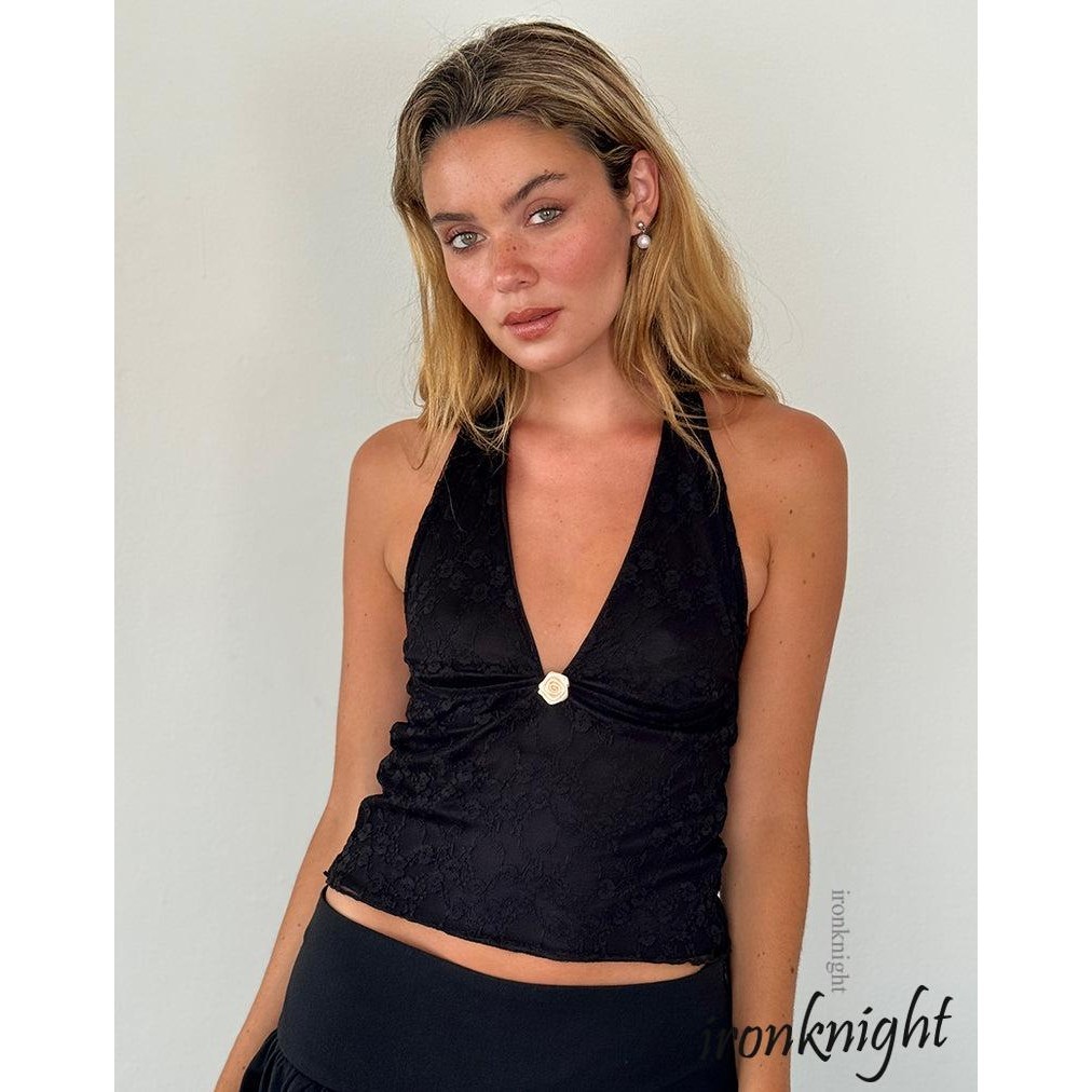 ironknight-Women´s Slim Fit Backless Deep V Neck 3D Flower Lace Halter ...