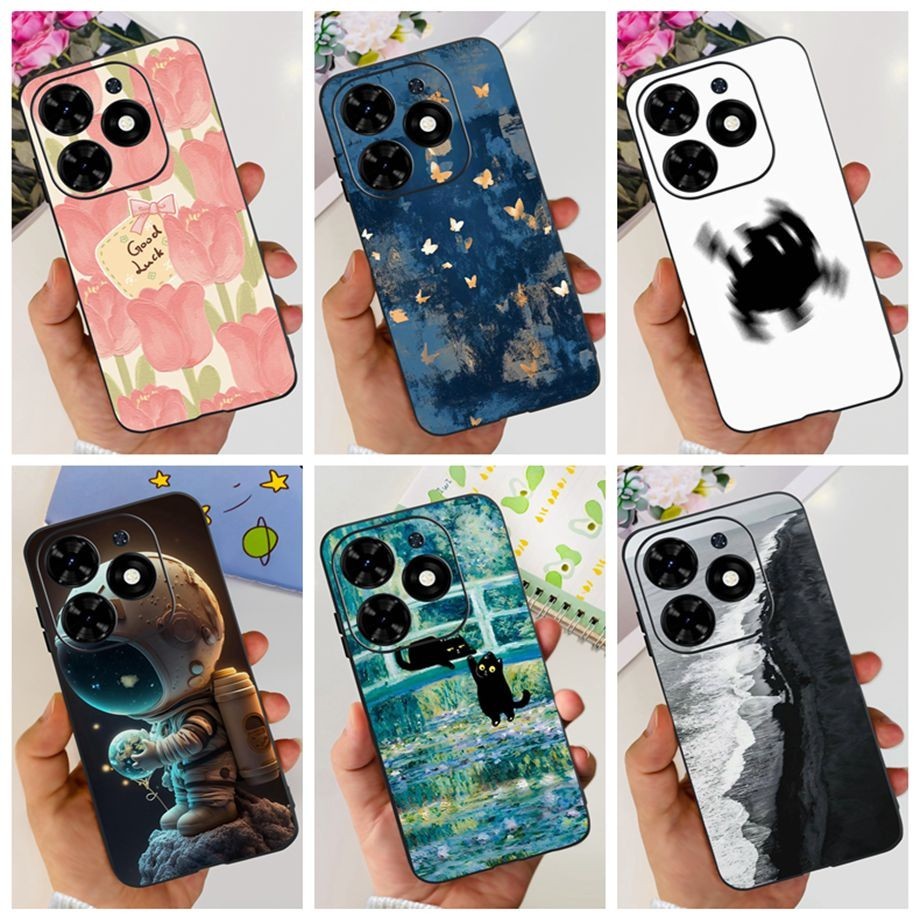 For Tecno Spark Go 2024 BG6 Case Fashion tulip Painted Black Cover For ...