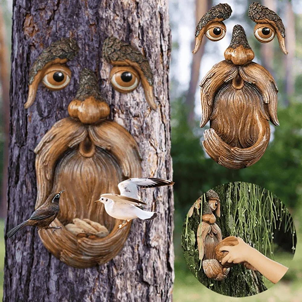 A# Resin Tree Face Statue Feeder Tree Face Sculpture Feeder Outdoor ...