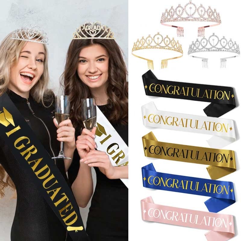 Graduated Satin Sash Glitter Crown Bachelor Graduated Supplies ...