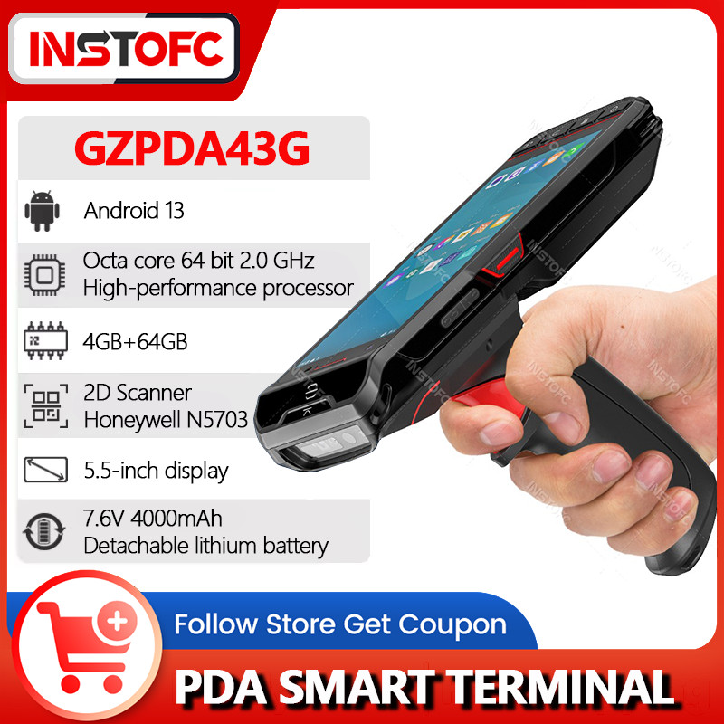Android 13 PDA with Grip 2D QR Barcode Scanner Reader Wifi NFC Data Collector Rugged PDA ...