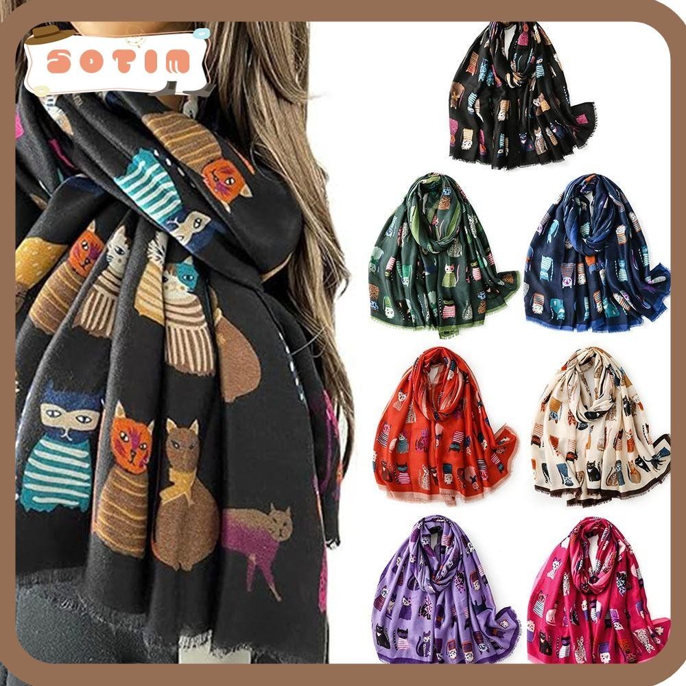 SOTIM Thermal Shawl Wrap, Polyester Fiber Keep Warm Cat Print Women ...