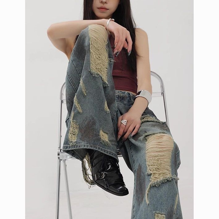 American retro tie-dyed waste soil style, wide leg and hole jeans ...