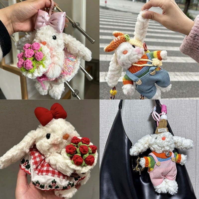 Cute Bunny Plush Toy Keychain Cartoon Rabbit with Flower Soft Stuffed ...
