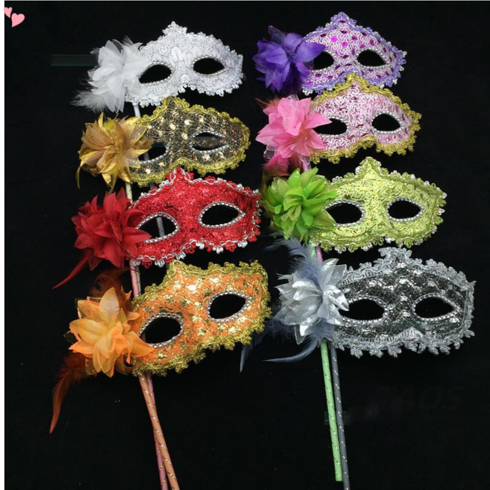 Venetian Masquerade Mask with Holding Stick for Women Feather Mardi ...