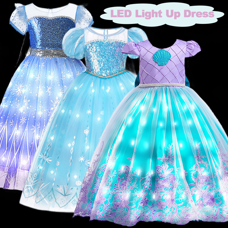 Girls Light Up LED Princess Dress Elsa Ariel Theme Costume Halloween ...