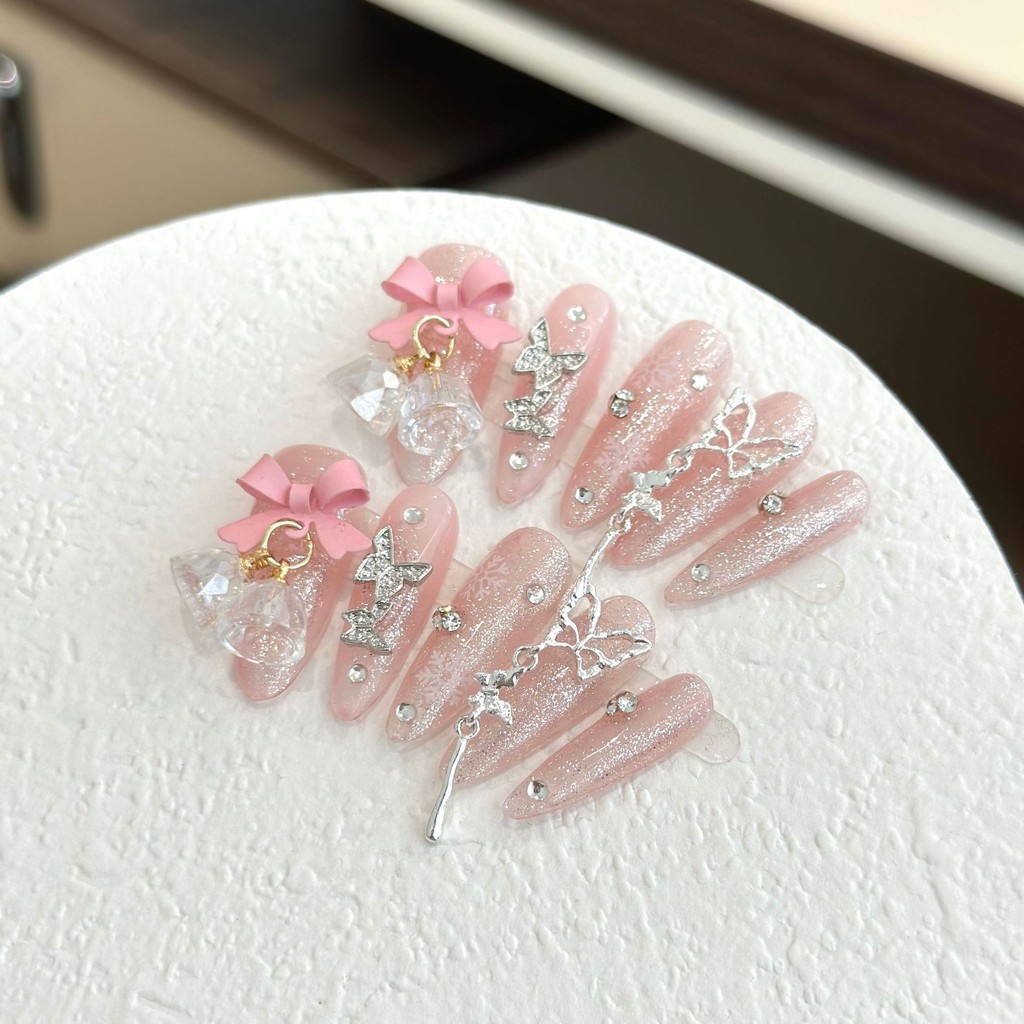 [HANDMADE+Free Glue]Artificial Nail Wind chimes pink butterfly long ...