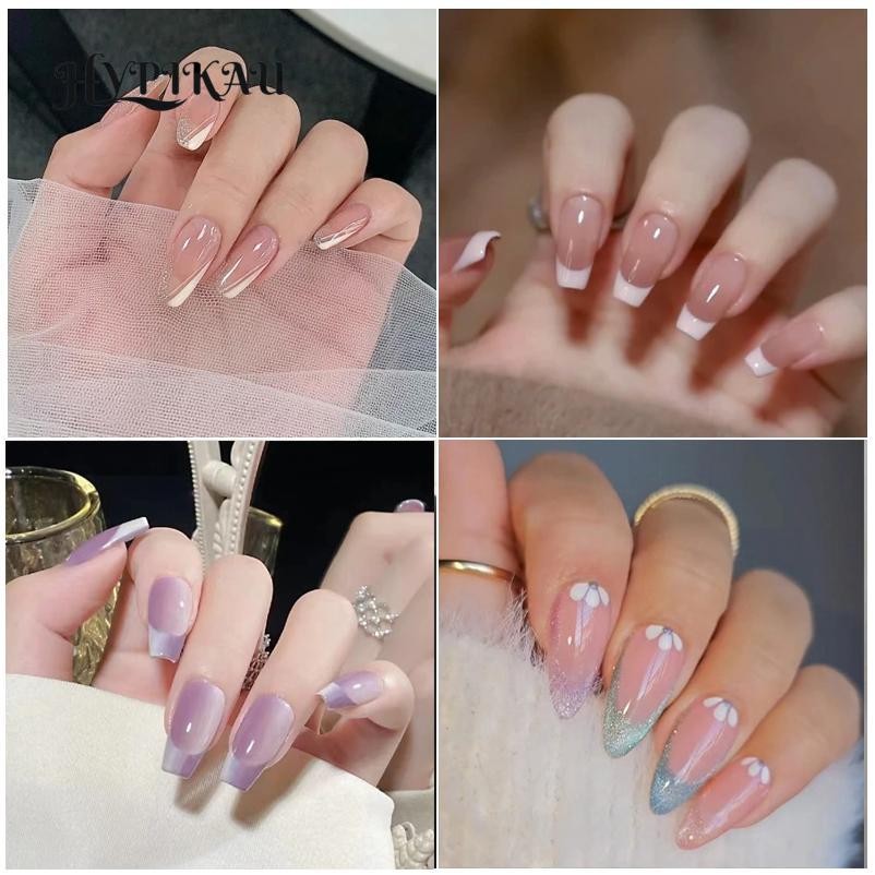 【FREE GLUE】Trend 24Pcs Fake Nails French Ballerina Fake Nail Long Nail ...