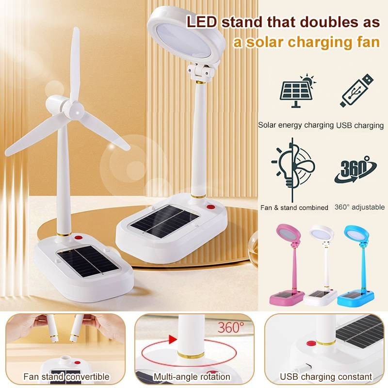 Solar Rechargeable Table Lamp Desk Reading Fan Bedside Lamp Student ...