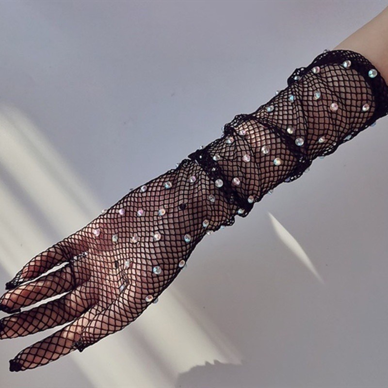 Fashion Sexy Hollow Glitter Rhinestone Fishnet Long Gloves Party Elegant Gloves Stretch Ladies ...