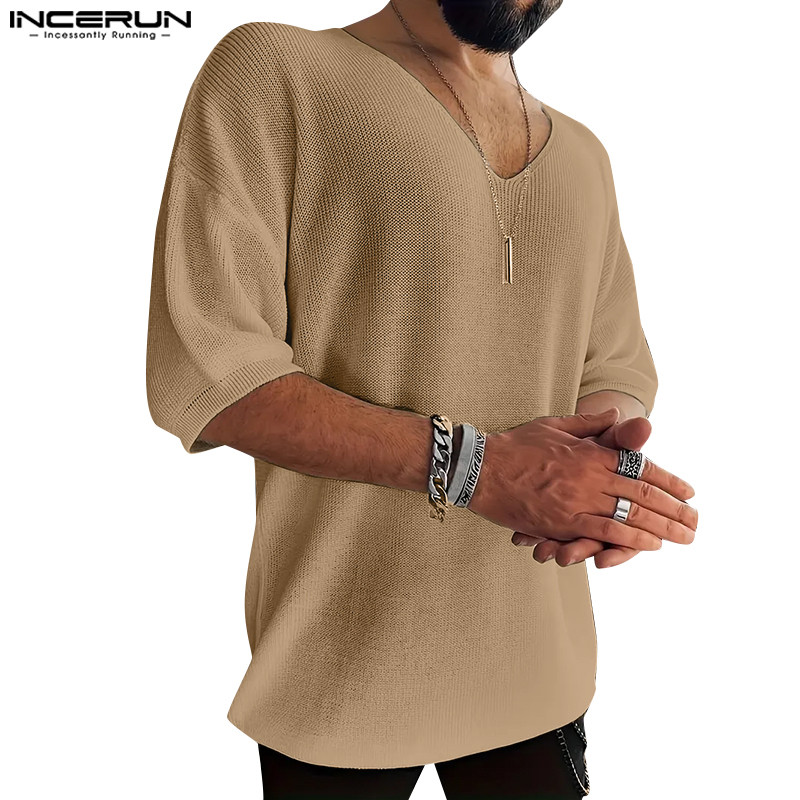INCERUN Men Vintage Simple Mesh Design Mid-Sleeve Solid Color T-shirts ...