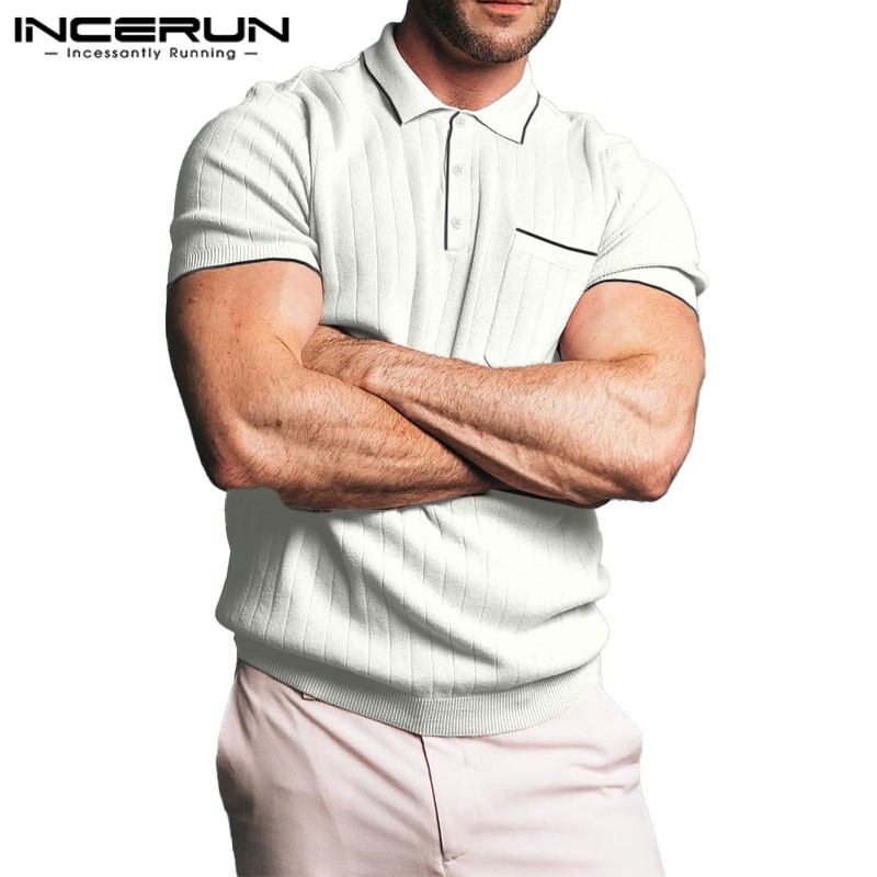 INCERUN Men's Pure Color Casual Texture Collar Top POLO Shirts | Shopee ...