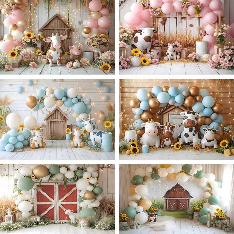 Farm Animals Barn Balloons Birthday Backdrop Photography Baby Shower ...