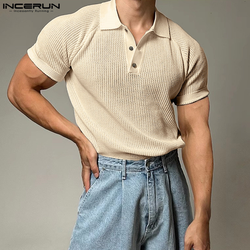 INCERUN Men Korean Plunging Sleeves Lapel Solid Color Design POLO ...