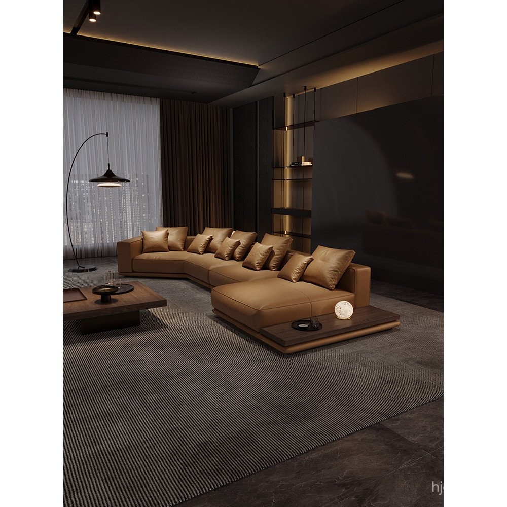 Large Apartment Mid-Century Style Genuine Leather Sofa Top Layer ...