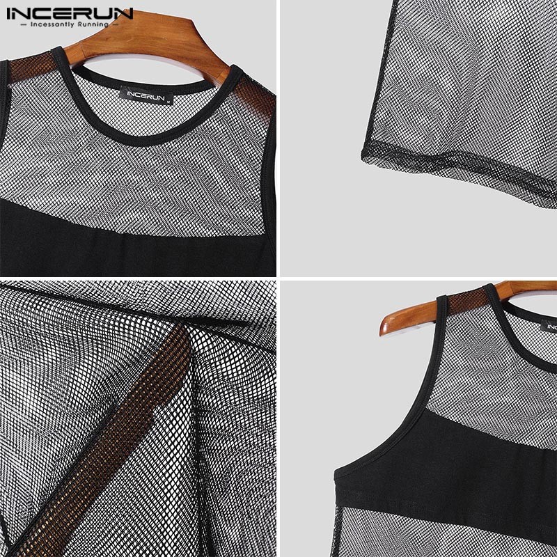INCERUN Men Vintage Sport Casual Round Neck Mesh Hollow Out Splicing ...