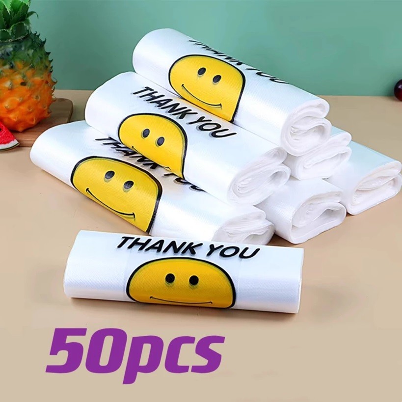50Pcs Thank you Printed Plastic Bag Smile Face Plastic Bag Sando Bag ...