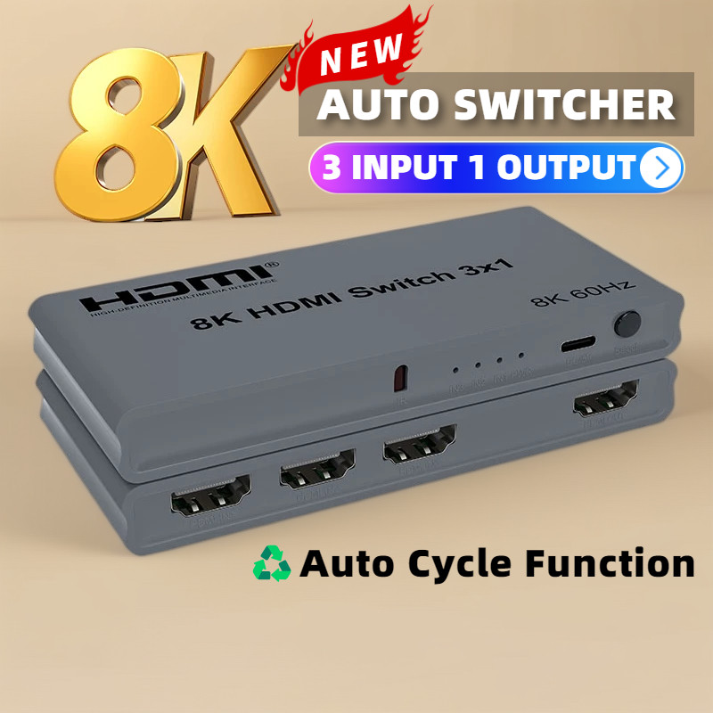 8K 60Hz 3-Port HDMI Auto Switcher 3 in 1 out 4K 144Hz HDMI Auto Cycle ...