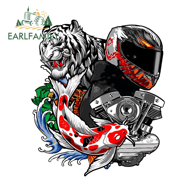 EARLFAMILY Personal Biker With Tiger Fish Car Stickers Cool Cartoon ...