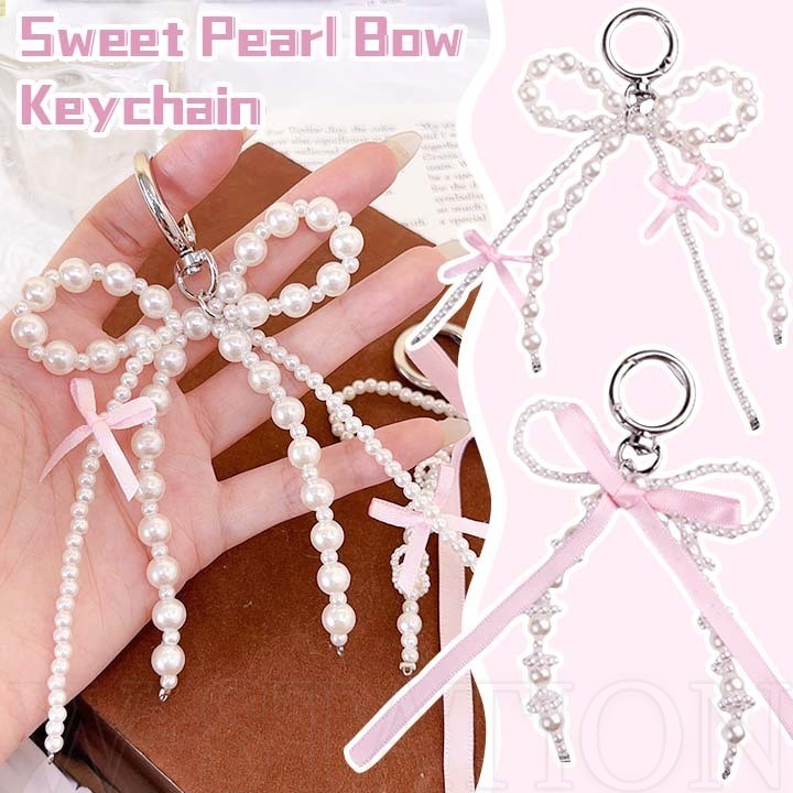 Sweet Pearl Bow Keychain - Y2K Aesthetic Keyring - Pink Bow Key Holder ...