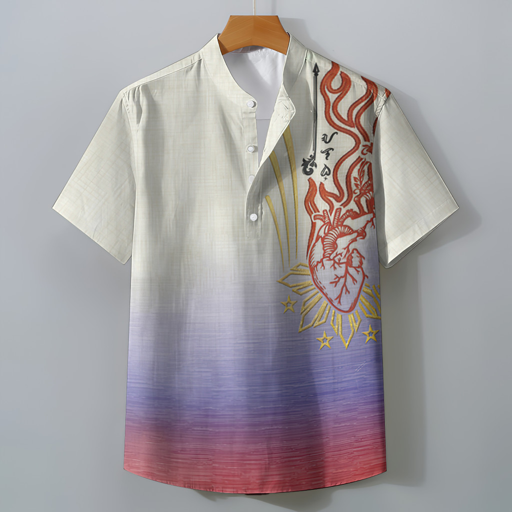 Philippine Modern Barong Style Men's Chinese Stand Collar Button Short ...