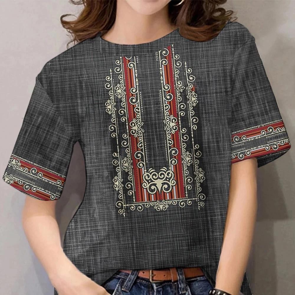 Ethnic Style Women's T-Shirt Round Neck Short-Sleeved Shirt Asean ...