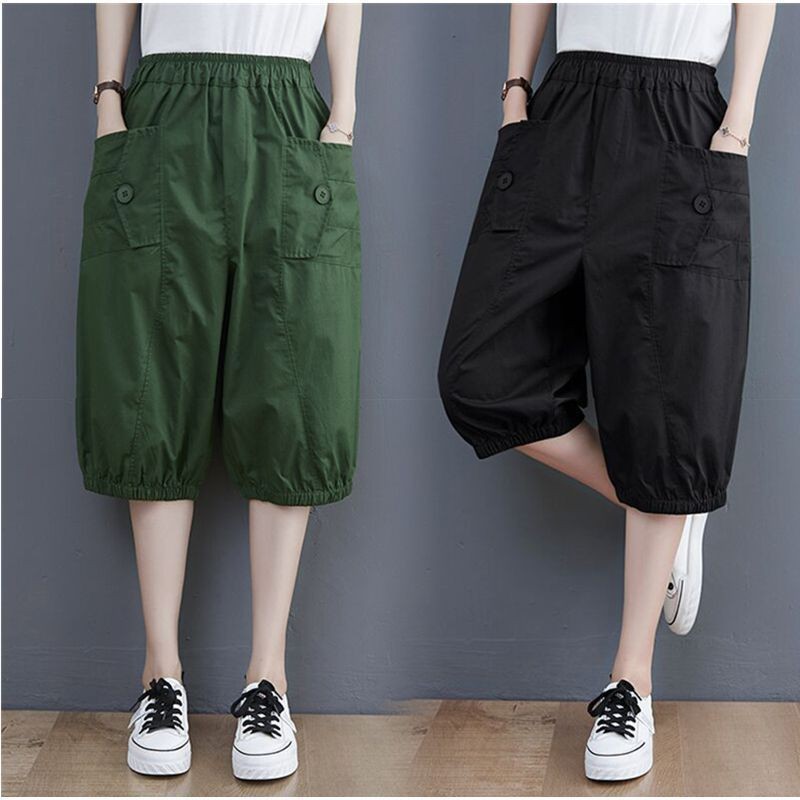 Large Size Women's Big Pocket Shorta 2024 Summer New Artistic Elastic ...