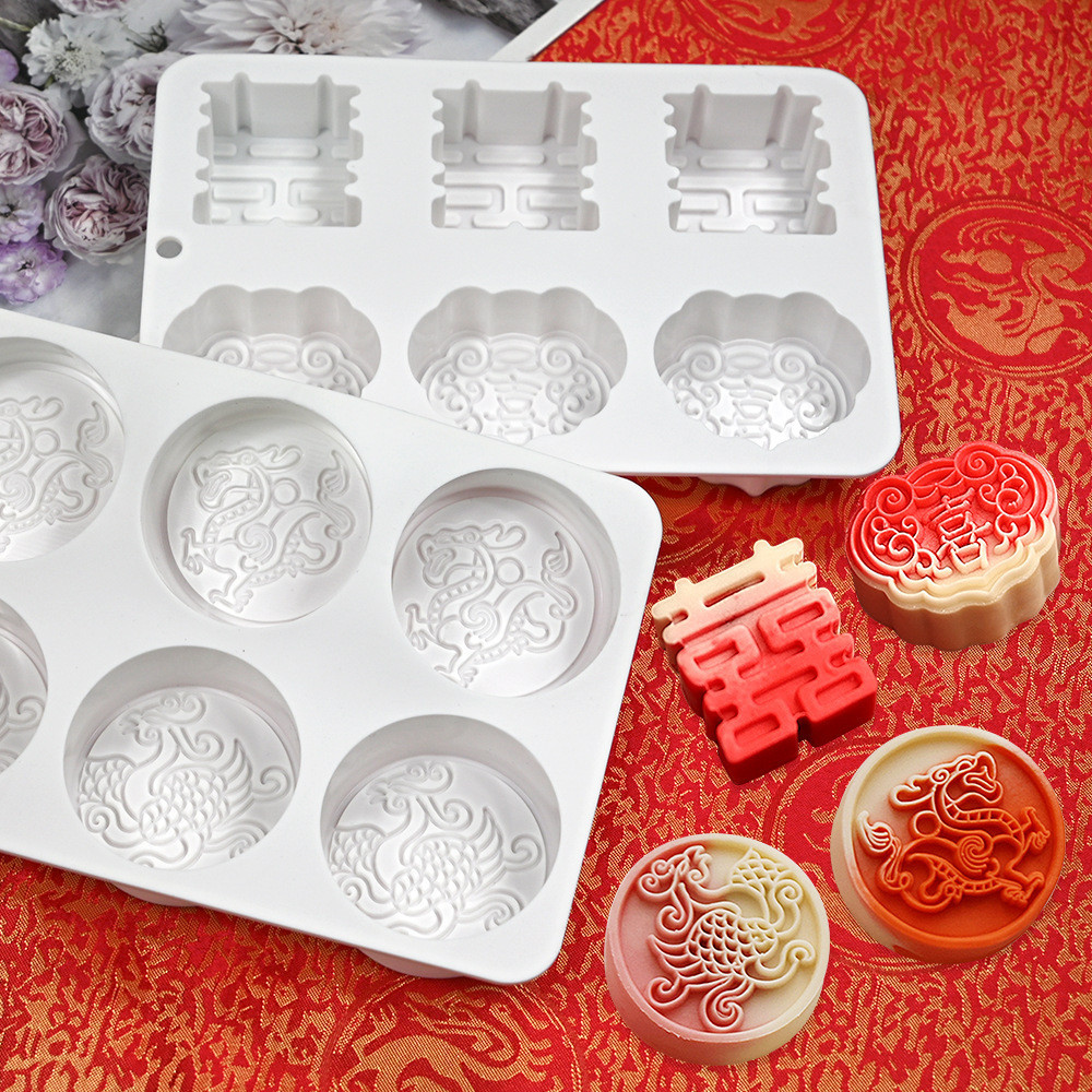 6-Cavity Double Happiness Mousse Cake Model Dragon and Phoenix ...