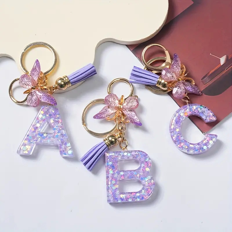 A-Z Sequins Alphabet Initial Letter Keychain Cute Butterfly Resin Key ...