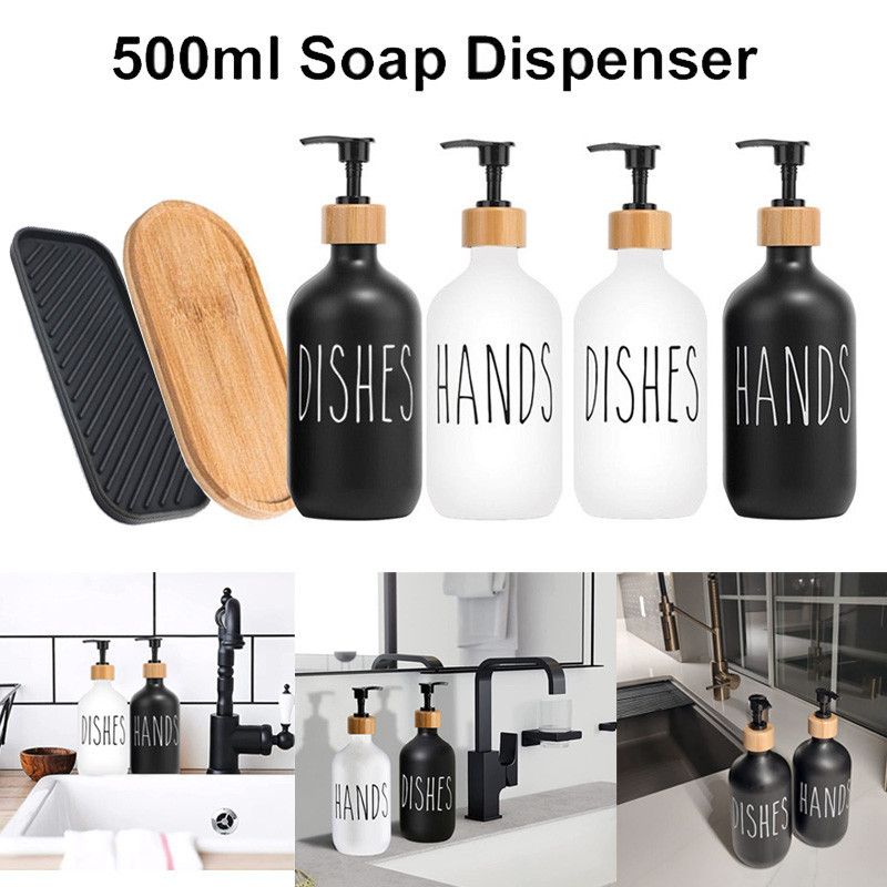 2-Pack 500ML Soap Dispensers Set with Wood Pump & Tray ( Silicone ...