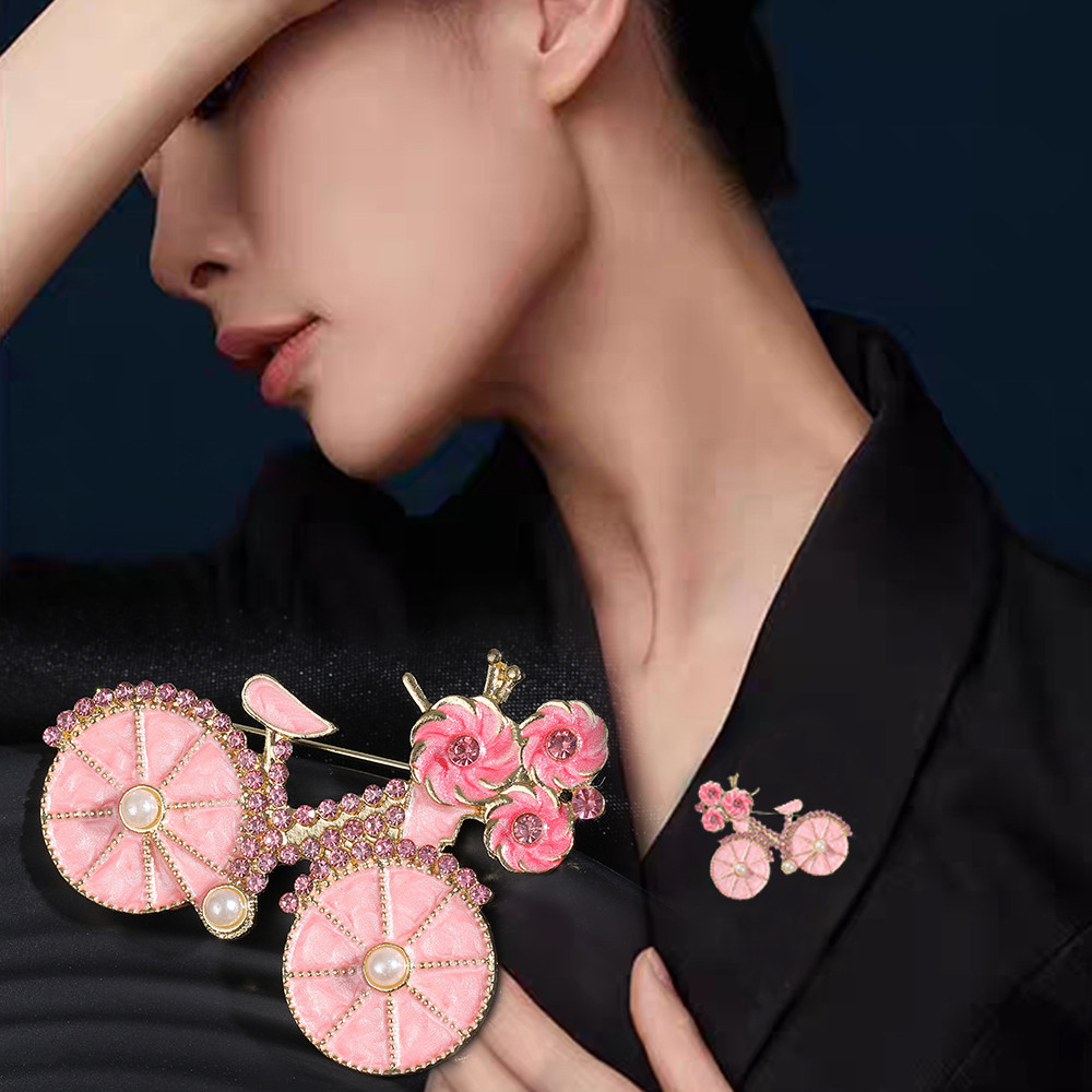 Pink Rhinestone Bike Brooches Sweet Flower Bicycle Enamel Pins For ...