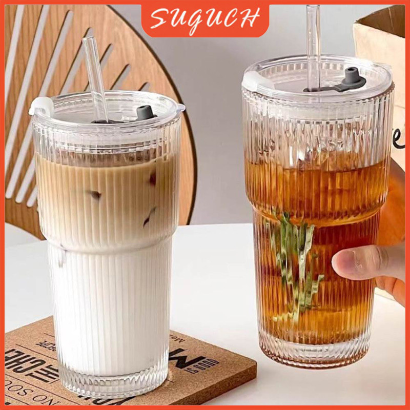 600ML Glass Water Cup Drink Mug with Straw and Lid Juice Milk Tea ...