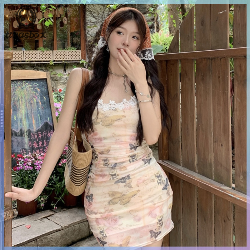 TINA Elegant Floral Print Party Dress Sweet Lace Spliced Holiday Women ...