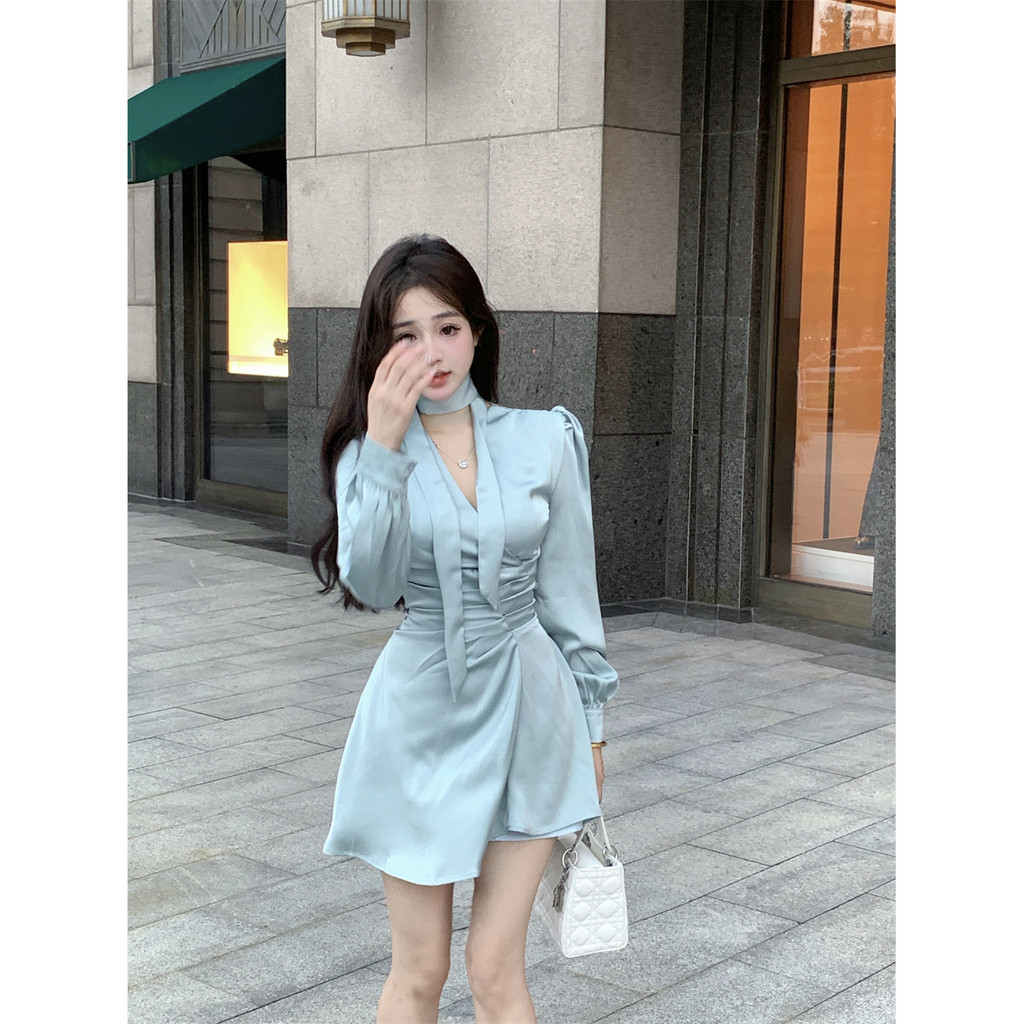 French Royal Sister Style v-Neck Long-Sleeved High-Waisted Pleated ...