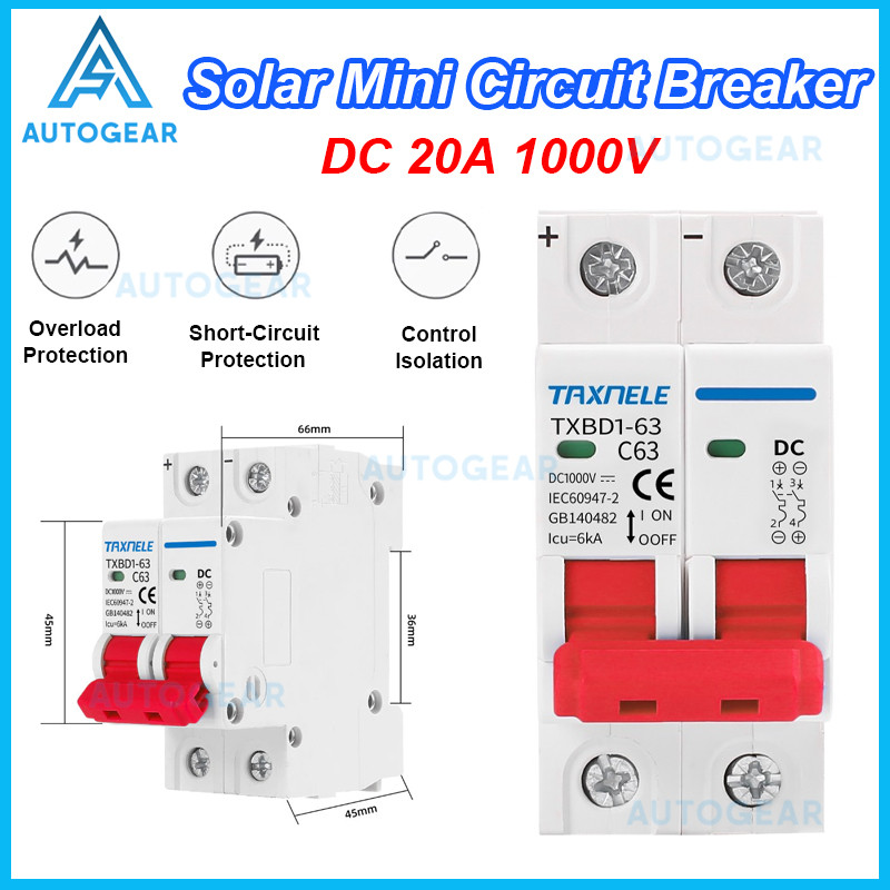 TAXNELE 2P AC DC MCB 1000V Solar Mini Circuit Breaker 20A for Photovoltaic PV System Overload ...