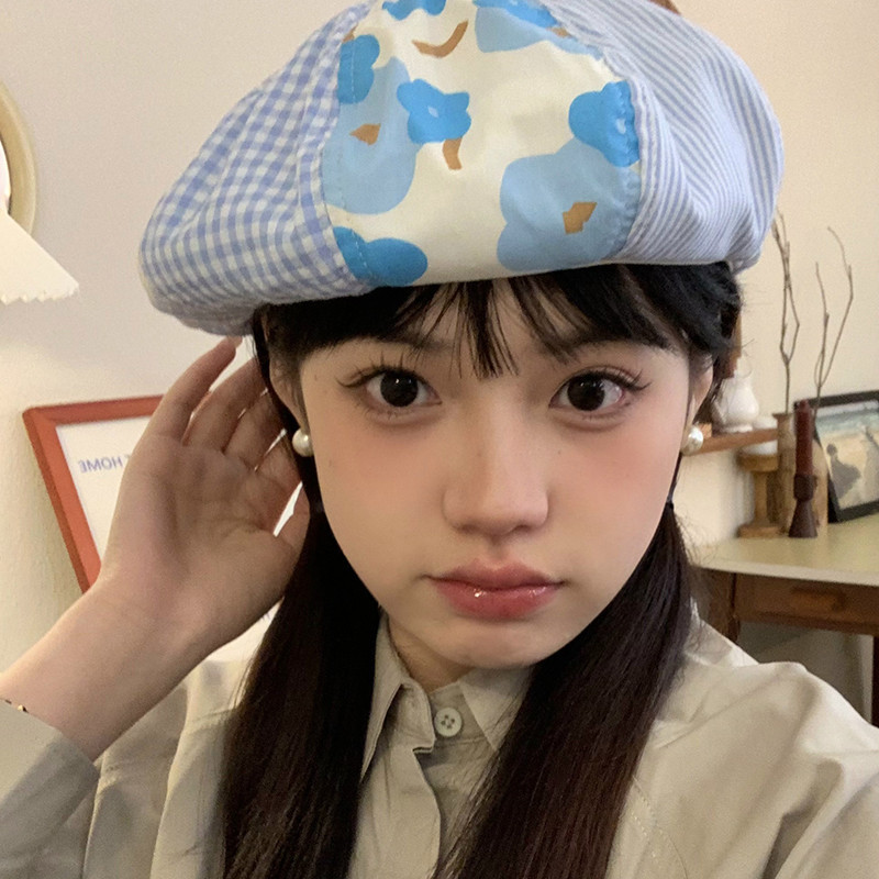 Japanese Blue Plaid Stitching Beret Women Spring Summer Big Head ...