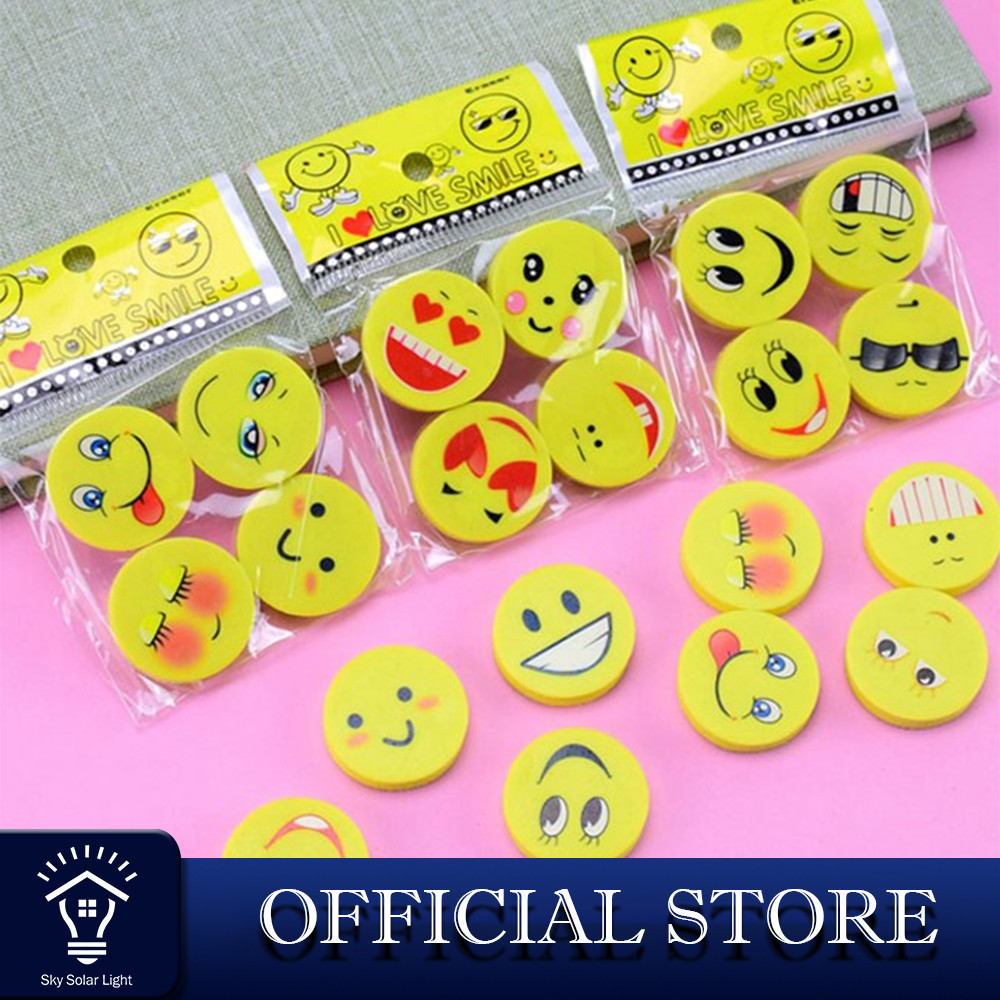 SKY Cute Emoji Round Eraser School Office Supplies 4pcs Set (Random ...