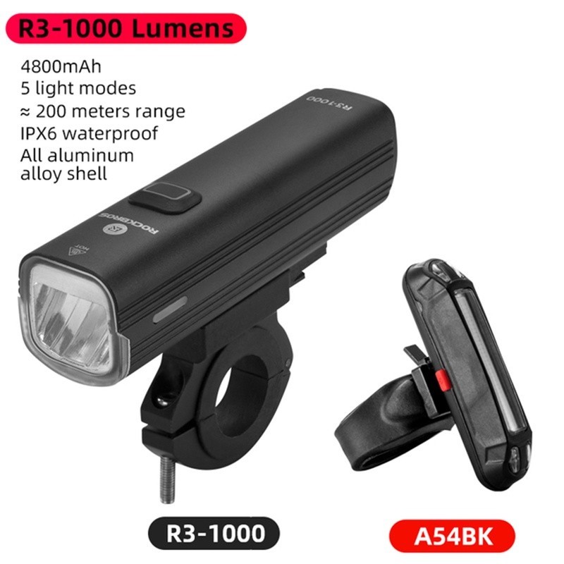 RR+`ROCKBROS Bicycle Light USB Charging 4800 mAh 1000 Lumen Powerful Bike Headlight Torch ...