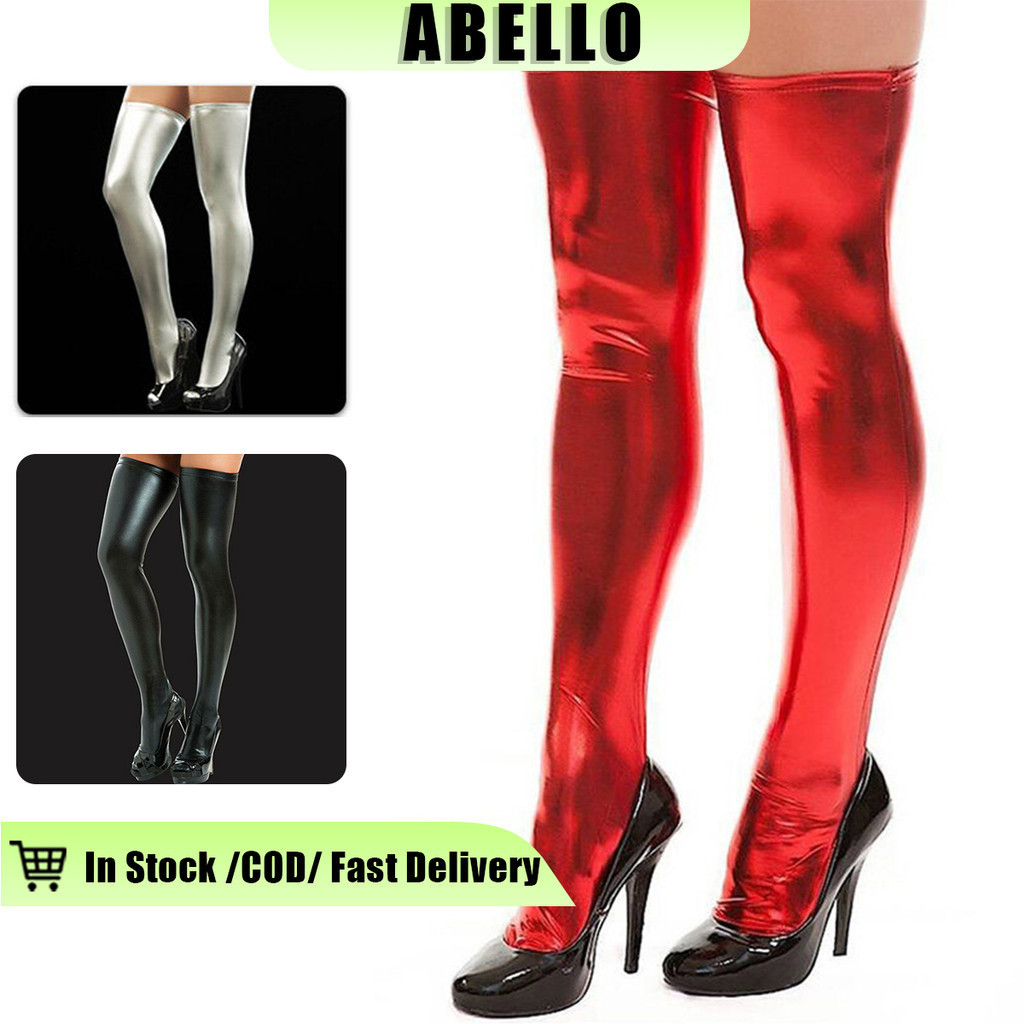 Womens High Knee Socks Rock Gothic Faux Leather Skinny Tights Club Glam ...
