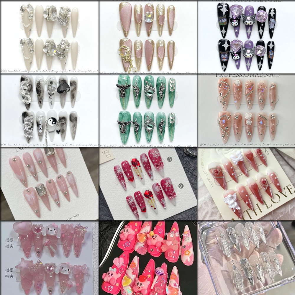 100% HANDMADE Long pointed Stiletto Fake Nail Art Almond Breaded ...