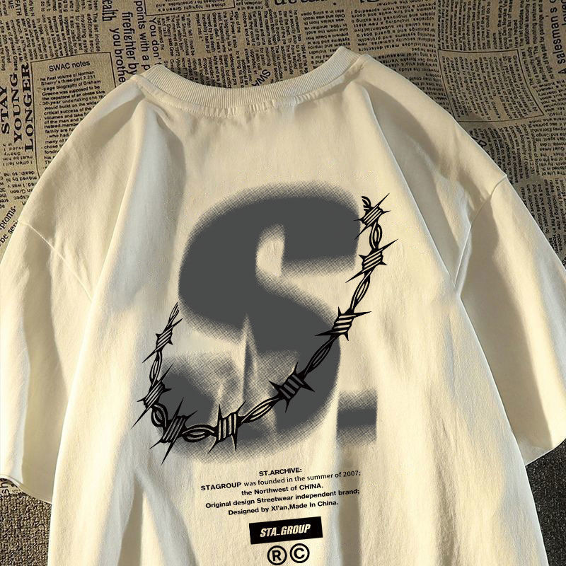 Cotton heavyweight American retro printed quarter sleeved short sleeved t-shirt for couples ...