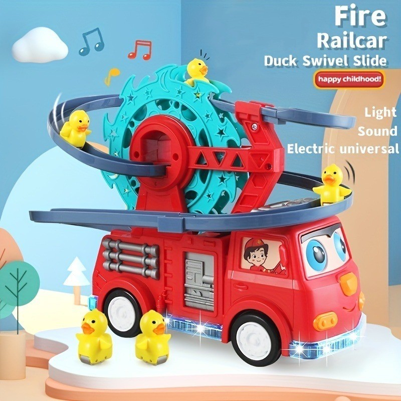Fire Rail Car with 3 Ducks Climbing Toy with Lights/Music, Baby ...