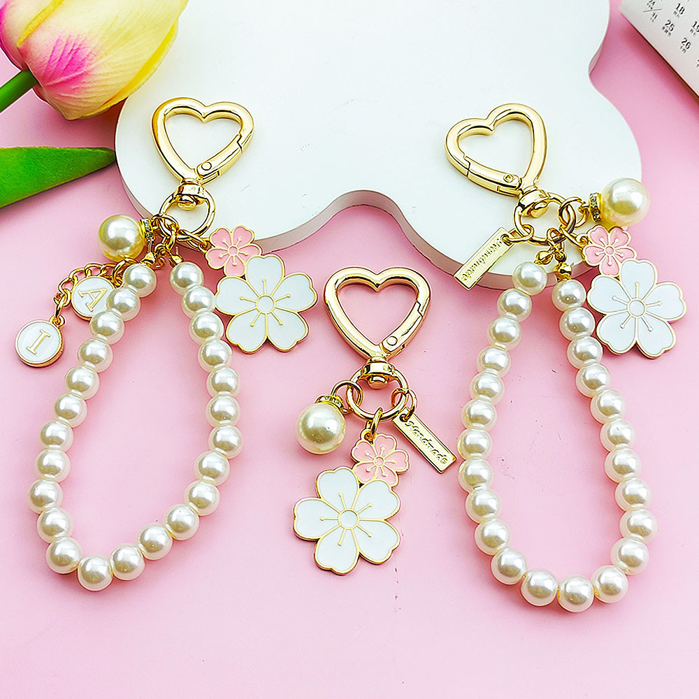 Sweet Cherry Flower Keychains Fashion Imitation Pearl Sakura Keyrings ...